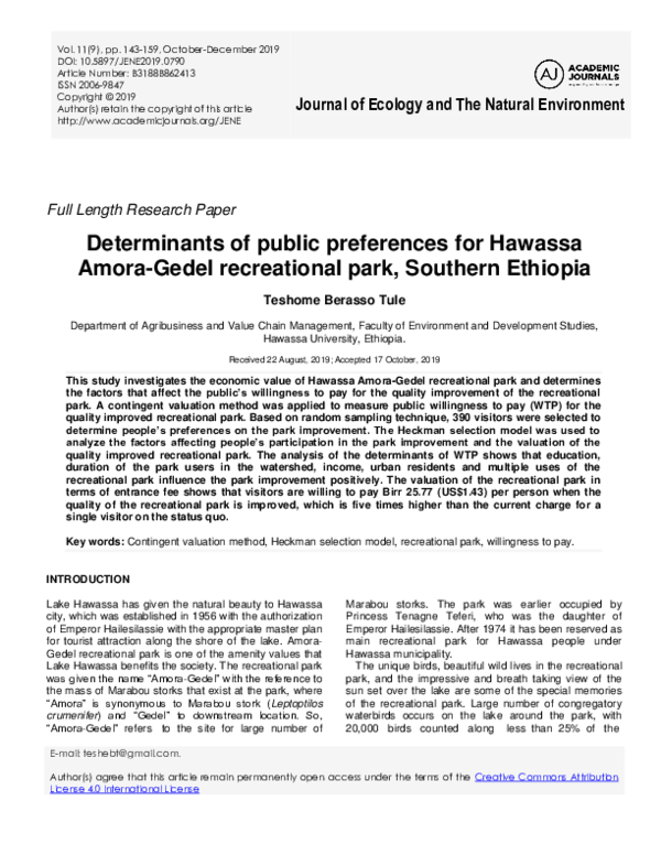 (PDF) Determinants of public preferences for Hawassa Amora-Gedel ...
