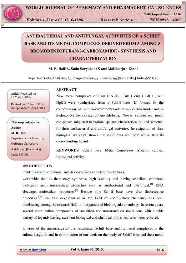 (PDF) ANTIBACTERIAL AND ANTIFUNGAL ACTIVITIES OF A SCHIFF BASE AND ITS METAL COMPLEXES DERIVED ...
