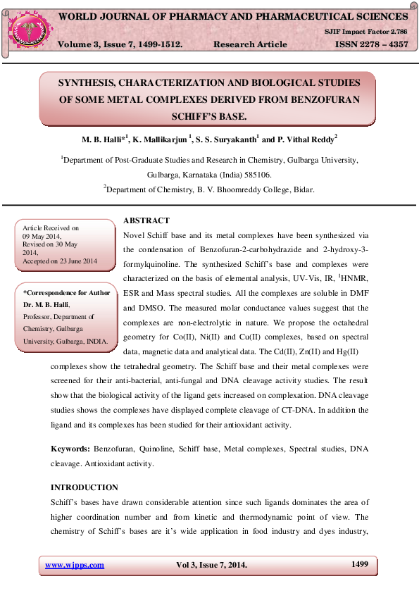(PDF) SYNTHESIS, CHARACTERIZATION AND BIOLOGICAL STUDIES OF SOME METAL COMPLEXES DERIVED FROM ...