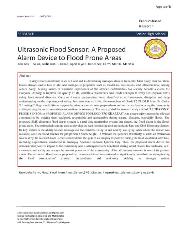 (PDF) Ultrasonic Flood Sensor: A Proposed Alarm Device to Flood Prone Areas