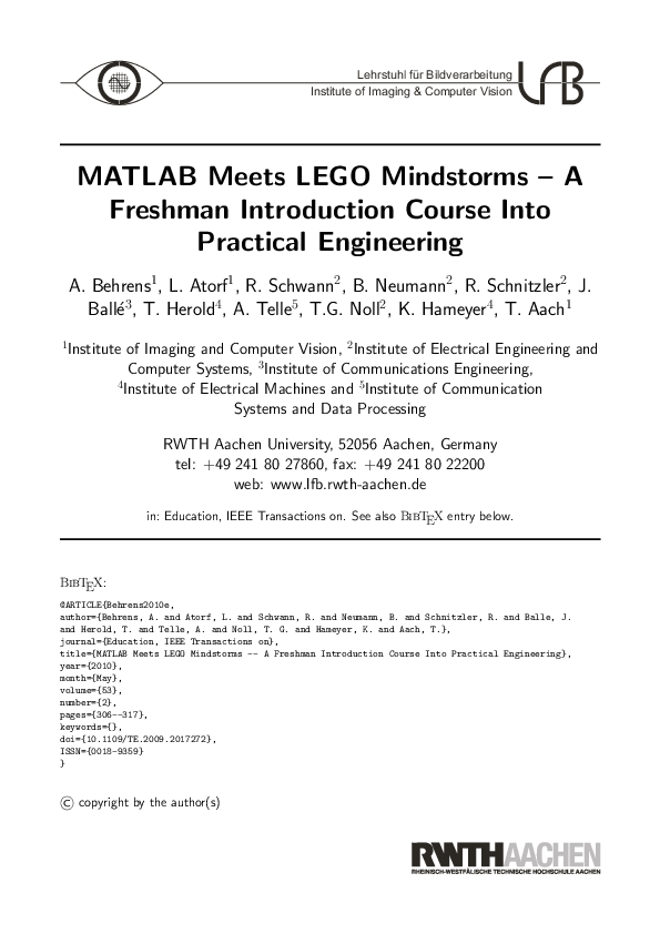 Pdf Matlab Meets Lego Mindstorms A Freshman Introduction Course Into Practical Engineering