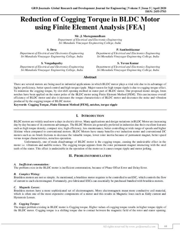 Pdf Reduction Of Cogging Torque In Bldc Motor Using Finite Element