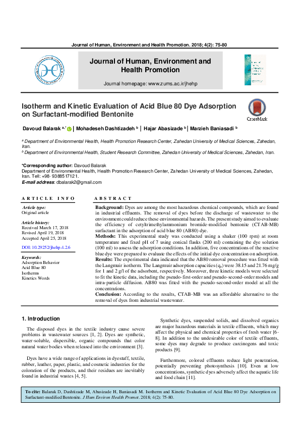 (PDF) Adsorption of Acid Blue 80 Dye on Surfactant-Modified Bentonite