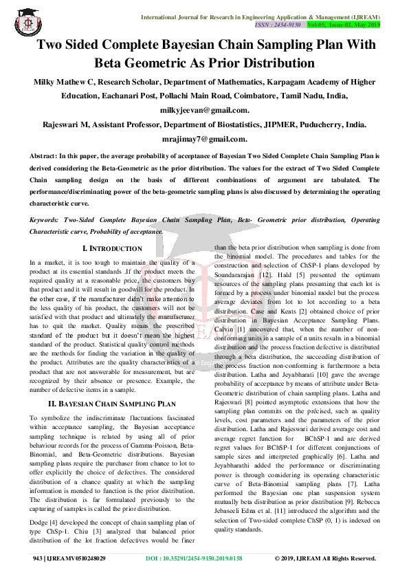 Pdf Two Sided Complete Bayesian Chain Sampling Plan With Beta Geometric As Prior Distribution