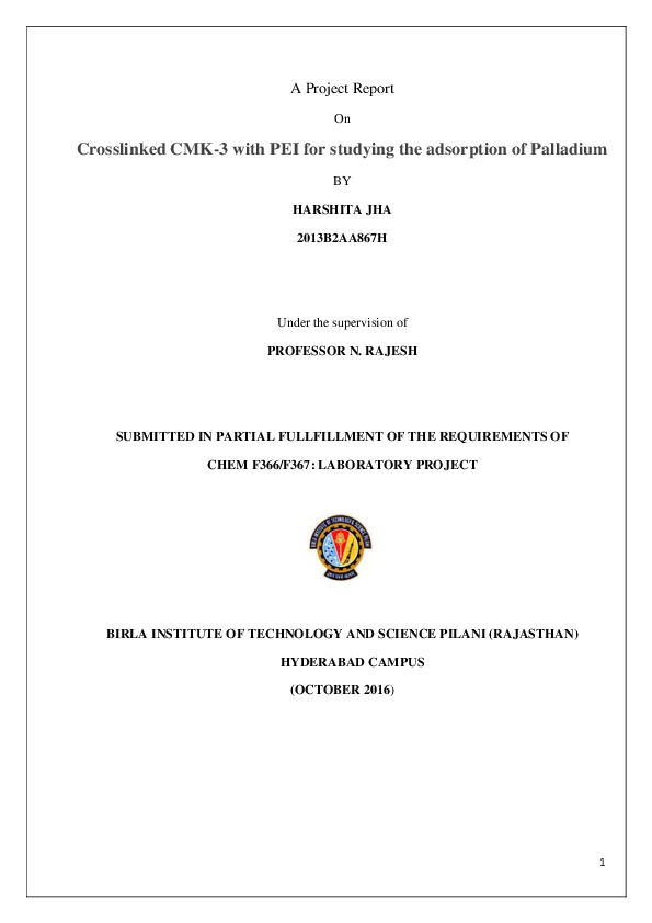 (PDF) A Project Report Crosslinked CMK-3 with PEI for studying the ...