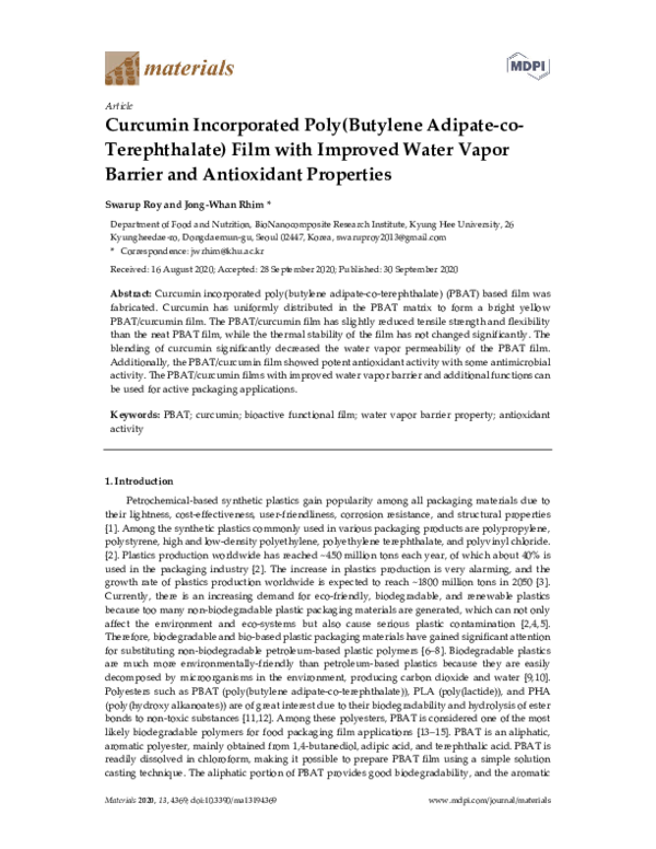 (PDF) Curcumin Incorporated Poly(Butylene Adipate-co- Terephthalate) Film with Improved Water ...