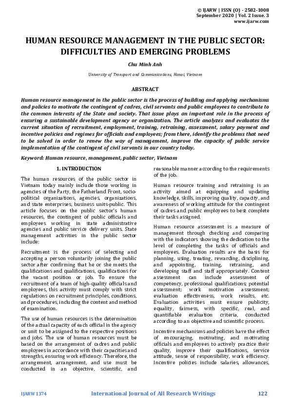 (PDF) HUMAN RESOURCE MANAGEMENT IN THE PUBLIC SECTOR: DIFFICULTIES AND ...