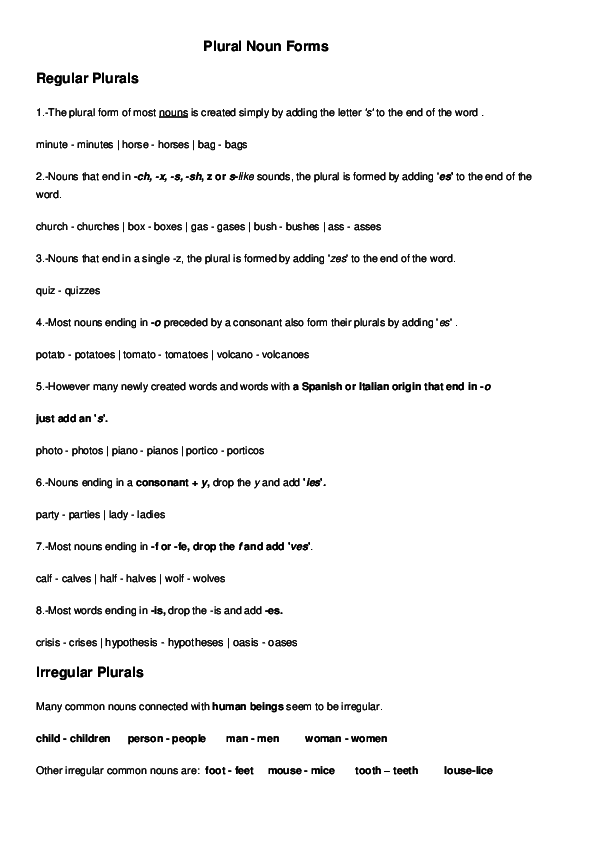 (PDF) Plural Noun Forms Regular Plurals