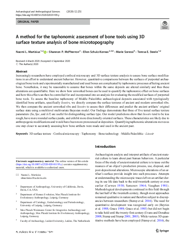 (PDF) A method for the taphonomic assessment of bone tools using 3D ...