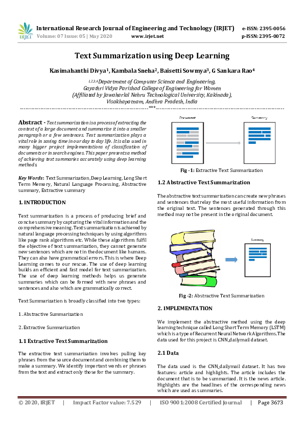 (PDF) IRJET- Text Summarization using Deep Learning