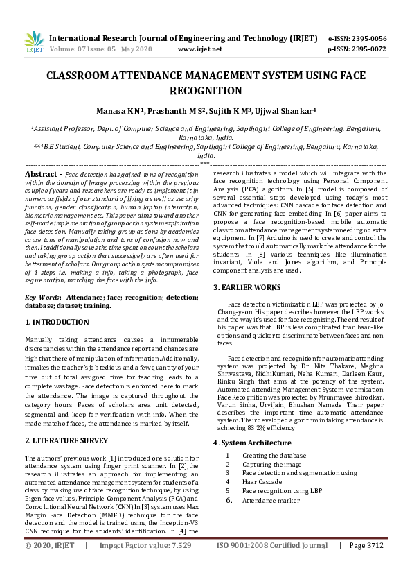 Pdf Irjet Classroom Attendance Management System Using Face Recognition