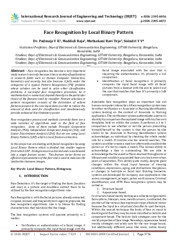 (PDF) IRJET- Face Recognition by Local Binary Pattern | IRJET Journal ...