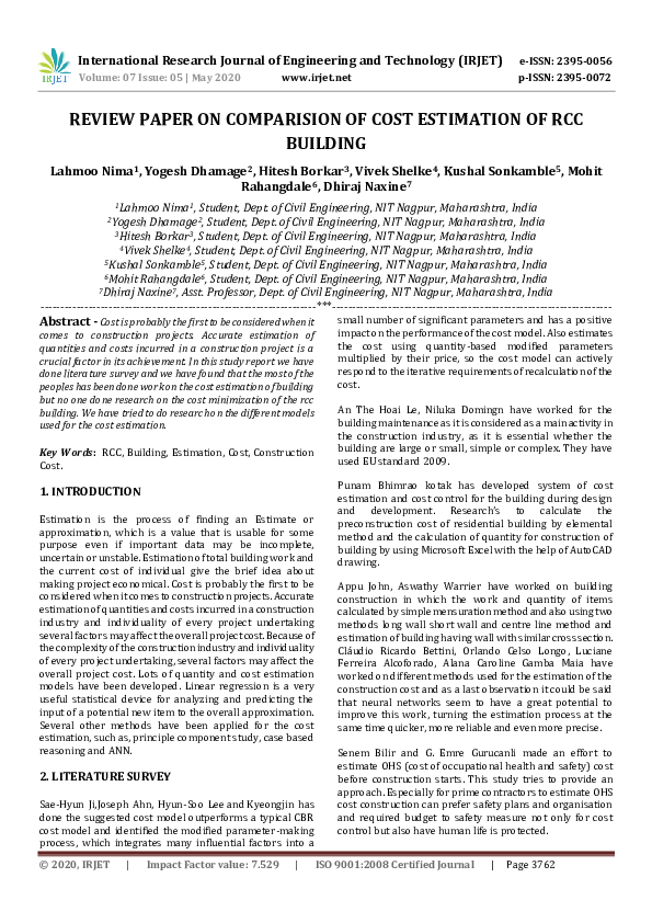 (PDF) IRJET- REVIEW PAPER ON COMPARISION OF COST ESTIMATION OF RCC BUILDING (PDF) IRJET- REVIEW PAPER ON COMPARISION OF COST ESTIMATION OF RCC BUILDING