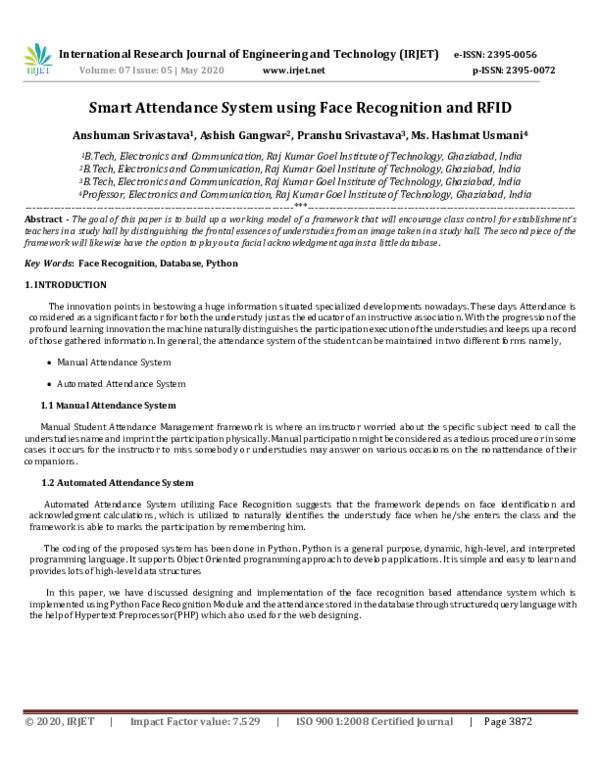 (PDF) Smart Attendance System using Face Recognition and RFID