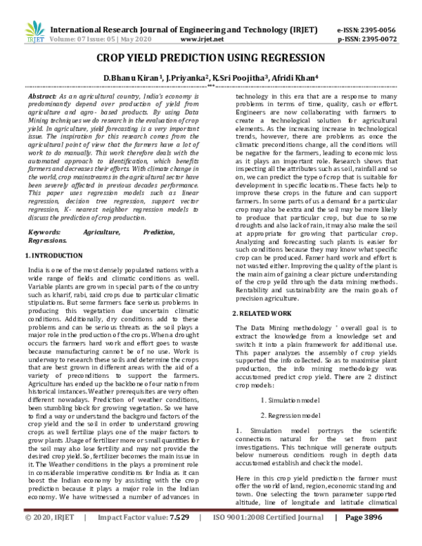 (PDF) IRJET- CROP YIELD PREDICTION USING REGRESSION