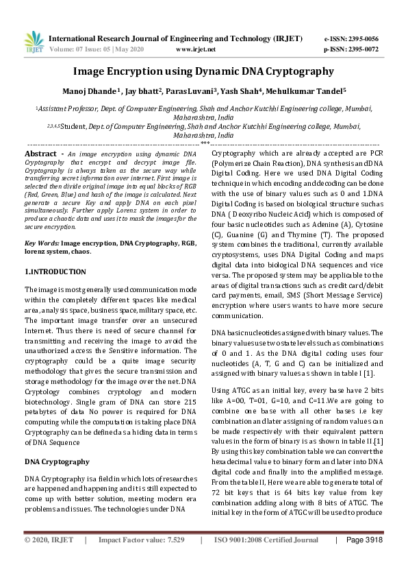 (PDF) IRJET- Image Encryption using Dynamic DNA Cryptography
