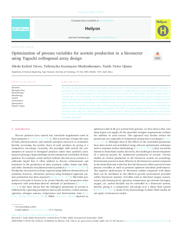 (PDF) Optimization of process variables for acetoin production in a bioreactor using Taguchi ...