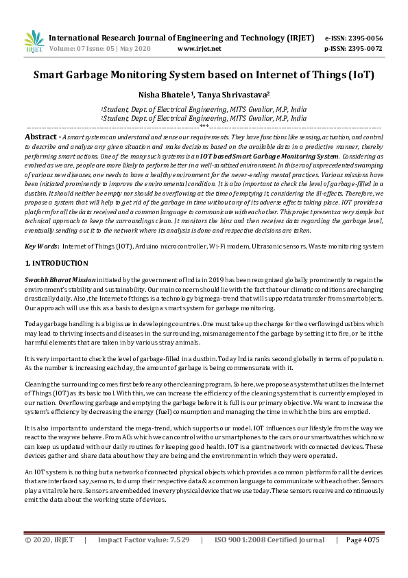 Pdf Irjet Smart Garbage Monitoring System Based On Internet Of Things Iot