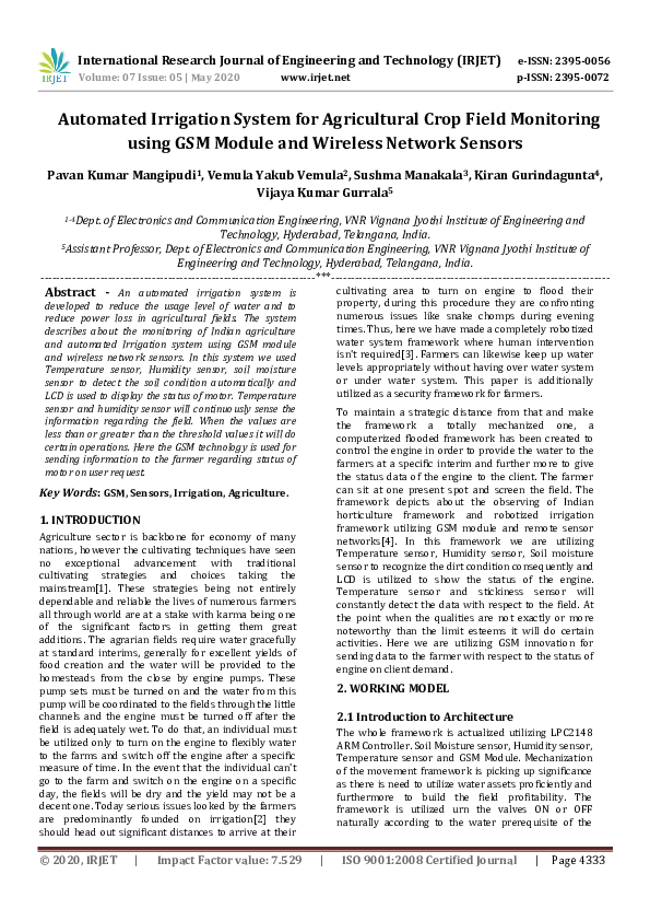Pdf Automated Irrigation System For Agricultural Crop Field Monitoring Using Gsm Module And