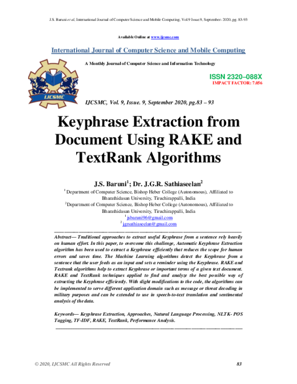 Pdf Keyphrase Extraction From Document Using Rake And Textrank Algorithms