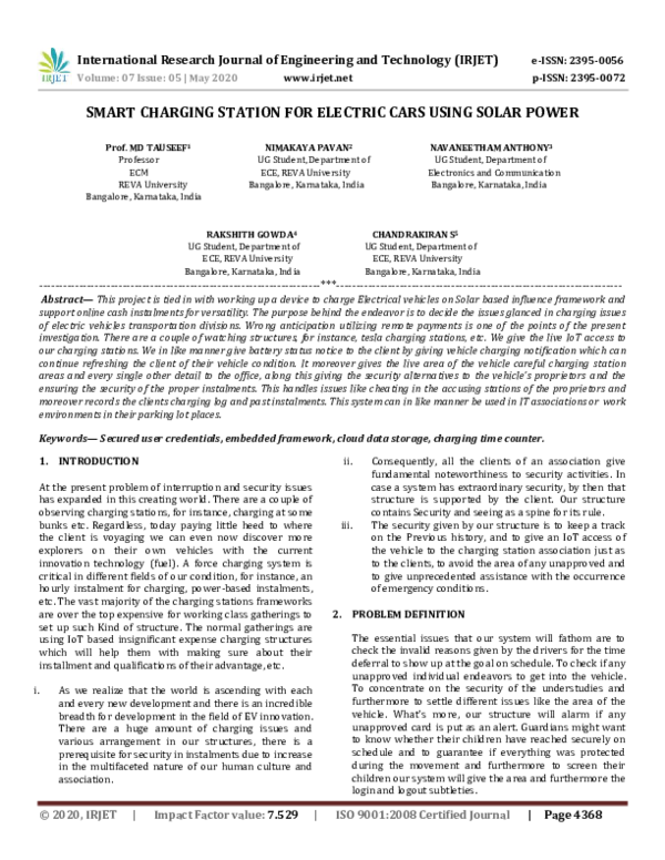 (PDF) SMART CHARGING STATION FOR ELECTRIC CARS USING SOLAR POWER