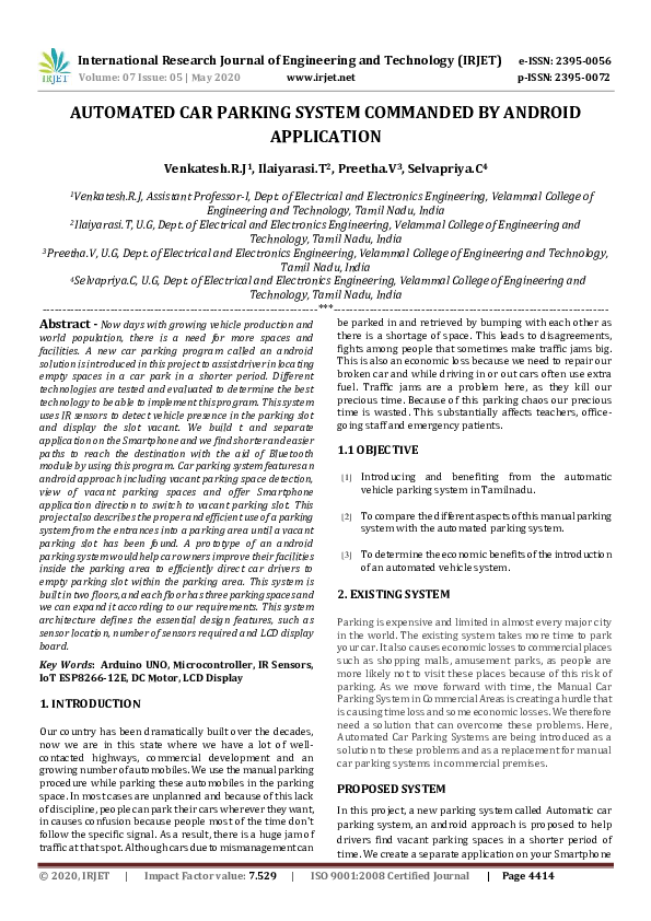 (PDF) IRJET- AUTOMATED CAR PARKING SYSTEM COMMANDED BY ANDROID APPLICATION
