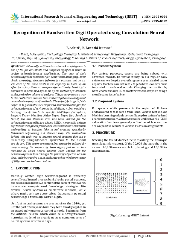 (PDF) IRJET- Recognition of Handwritten Digit Operated using Convolution Neural Network