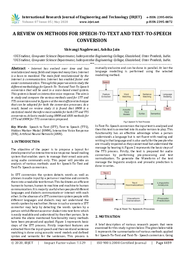 (PDF) IRJET- A REVIEW ON METHODS FOR SPEECH-TO-TEXT AND TEXT-TO-SPEECH ...