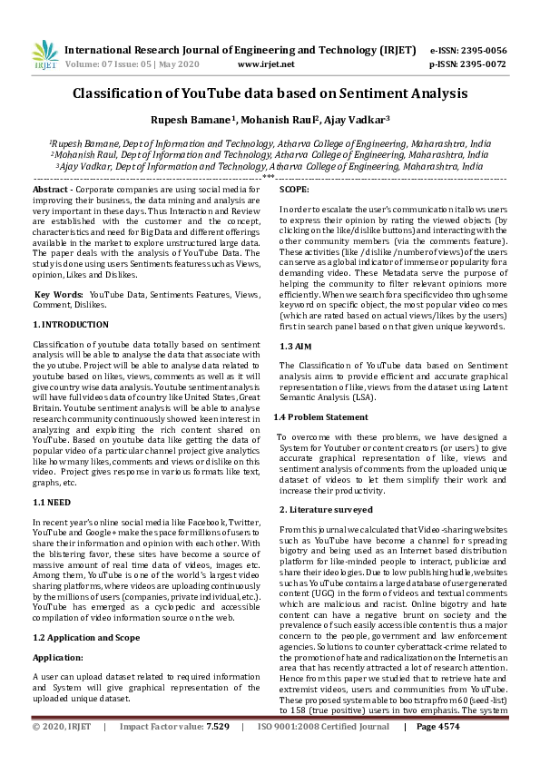 Pdf Classification Of Youtube Data Based On Sentiment Analysis
