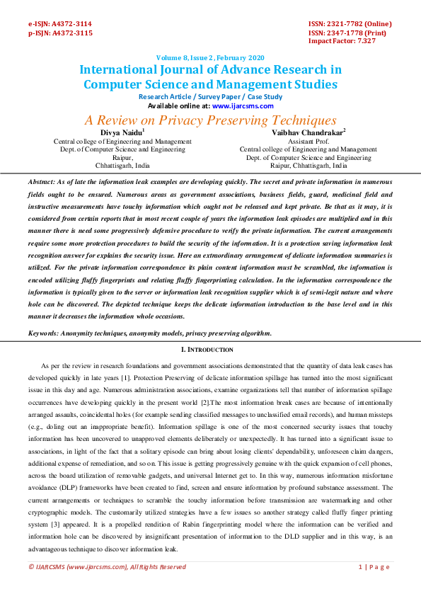 (PDF) A Review on Privacy Preserving Techniques