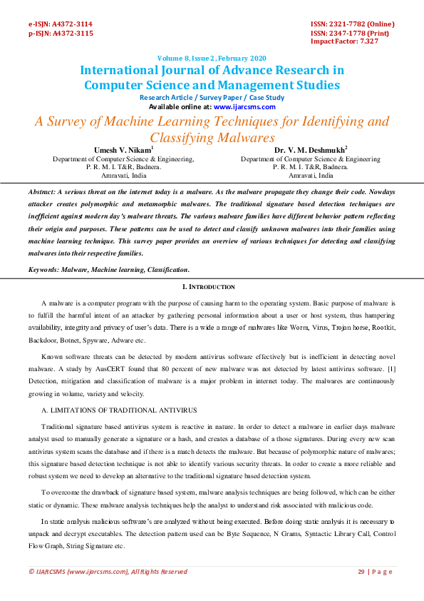 Pdf A Survey Of Machine Learning Techniques For Identifying And Classifying Malwares