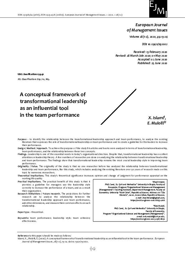 (PDF) A conceptual framework of transformational leadership as an ...