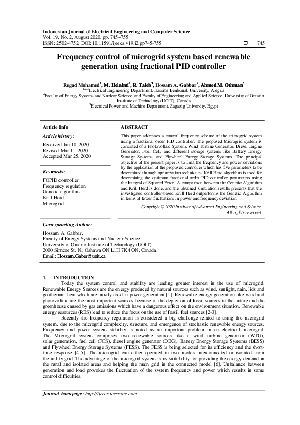 Pdf Frequency Control Of Microgrid System Based Renewable Generation Using Fractional Pid
