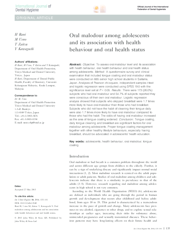 (PDF) Oral malodour among adolescents and its association with health ...