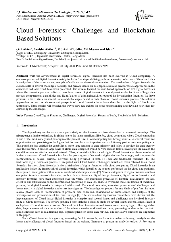 (PDF) Cloud Forensics: Challenges and Blockchain Based Solutions