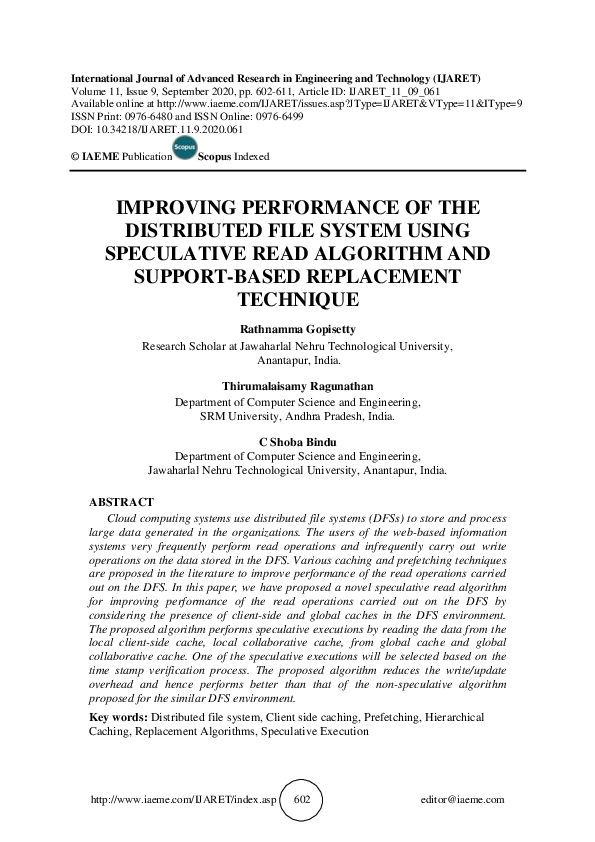 (PDF) IMPROVING PERFORMANCE OF THE DISTRIBUTED FILE SYSTEM USING SPECULATIVE READ ALGORITHM AND ...