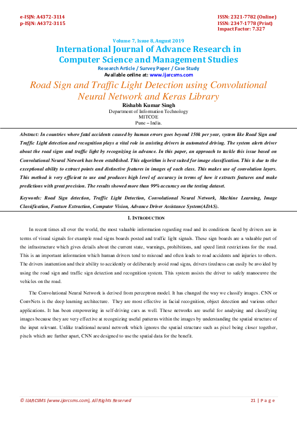 (PDF) Road Sign and Traffic Light Detection using Convolutional Neural ...