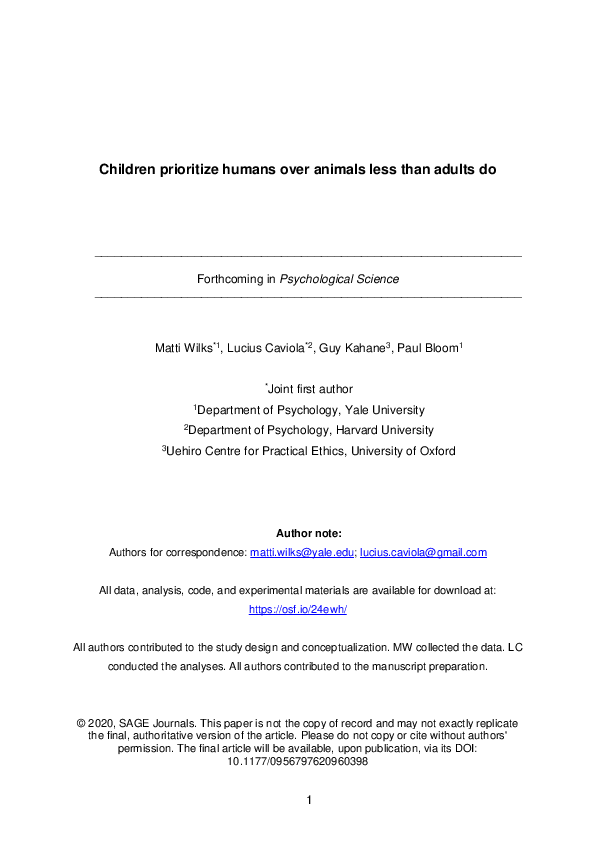 (PDF) Children prioritize humans over animals less than adults do