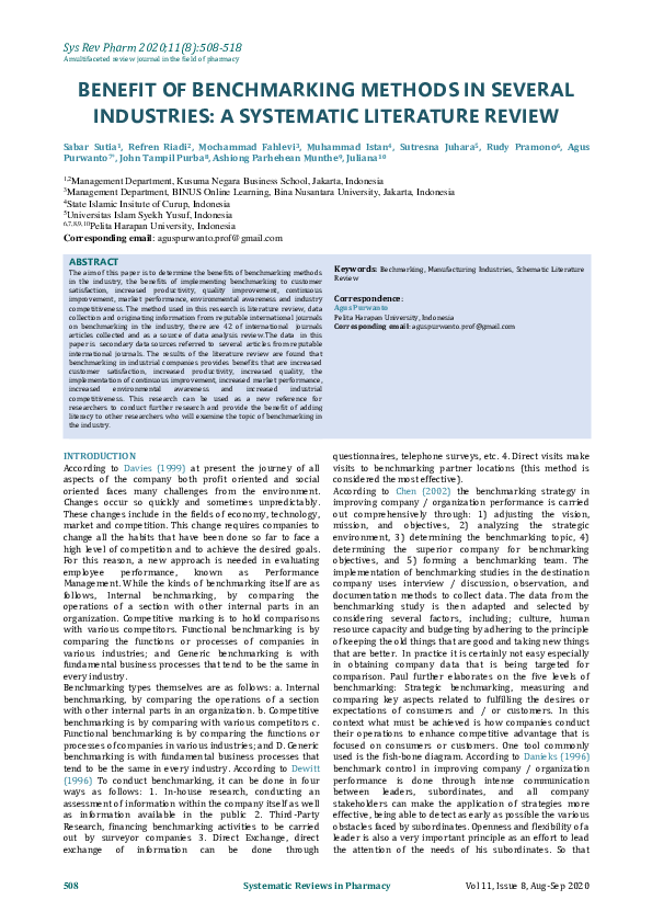 (PDF) BENEFIT OF BENCHMARKING METHODS IN SEVERAL INDUSTRIES: A ...