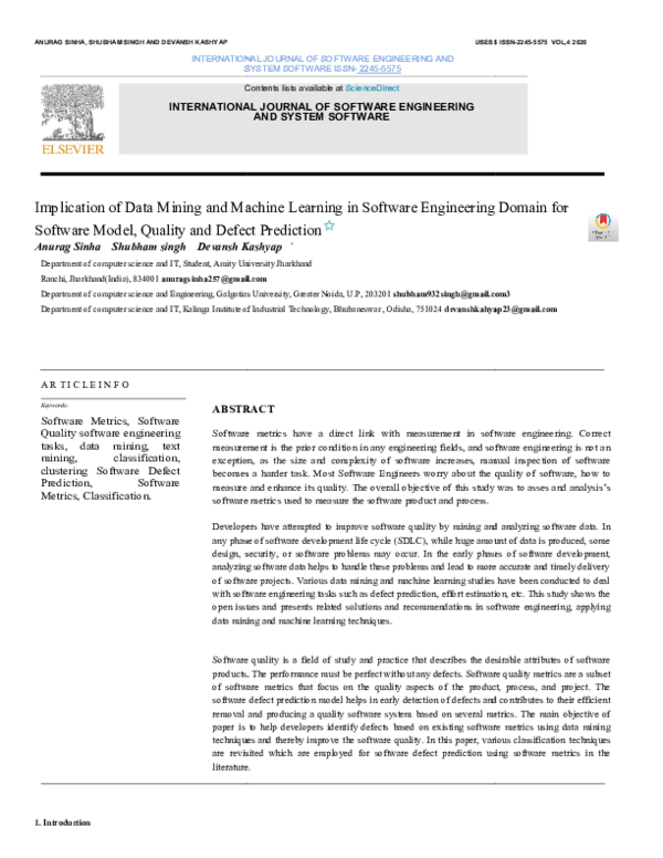 (PDF) Implication of Data Mining and Machine Learning in Software Engineering Domain for ...