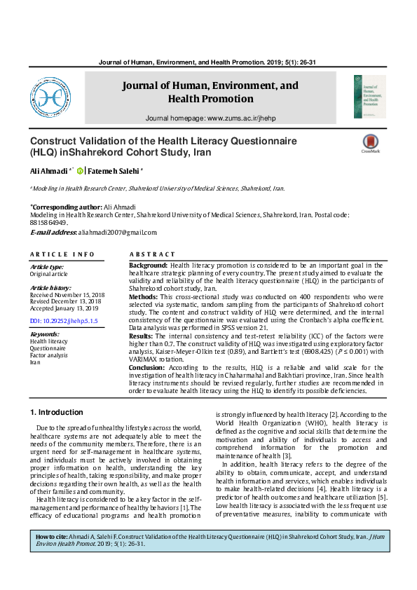 (PDF) Construct Validation of the Health Literacy Questionnaire (HLQ ...
