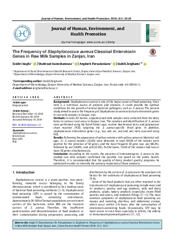 Pdf The Frequency Of Staphylococcus Aureus Classical Enterotoxin Genes In Raw Milk Samples In