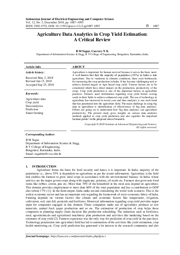 (PDF) Agriculture Data Analytics in Crop Yield Estimation: A Critical ...