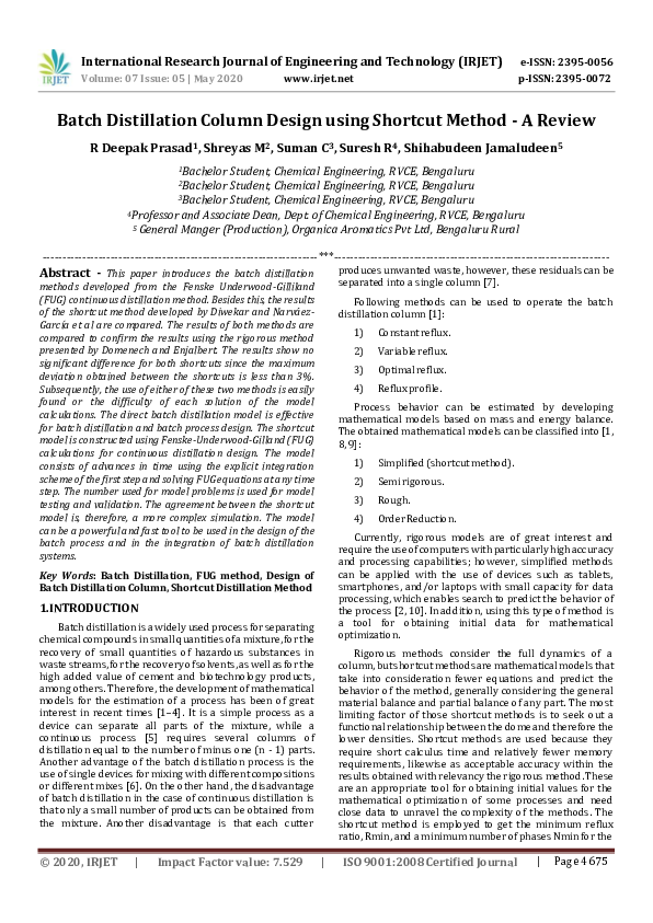 (PDF) IRJET- Batch Distillation Column Design using Shortcut Method -A ...