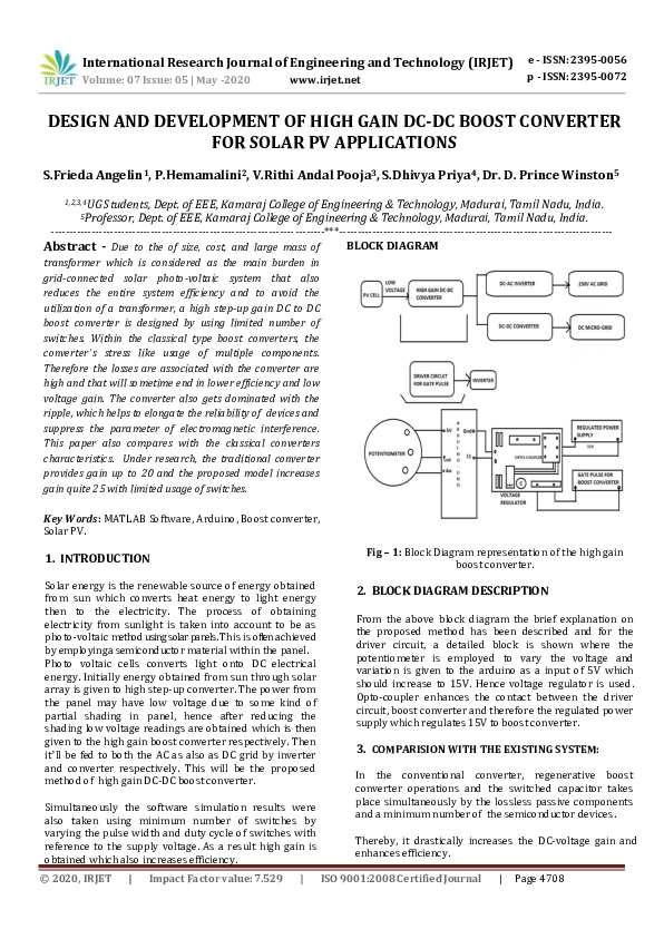 (PDF) IRJET-Design and Development of High Gain DC-DC Boost Converter for Solar PV Applications