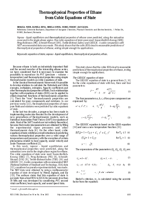 (PDF) Thermophysical Properties of Ethane from Cubic Equations of State