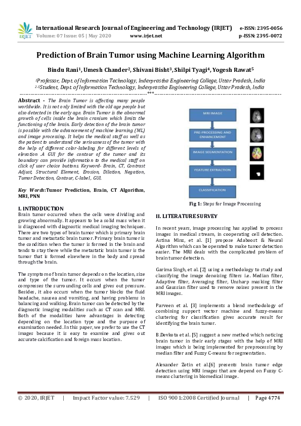 (PDF) IRJET- Prediction of Brain Tumor using Machine Learning Algorithm