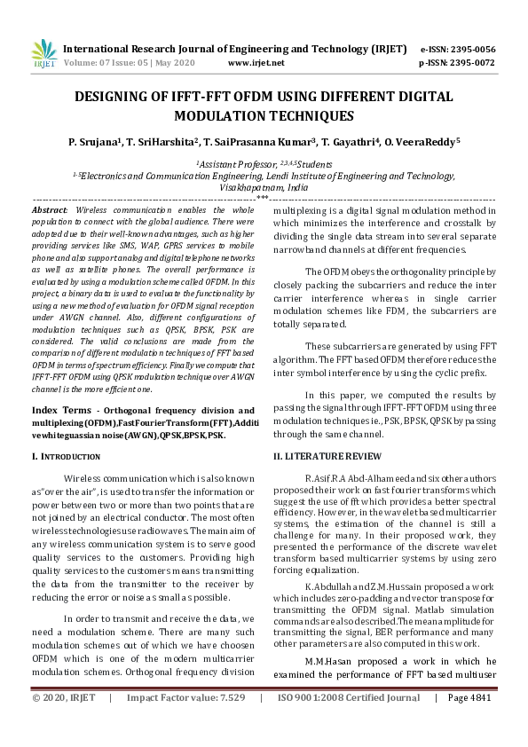 (PDF) IRJET- DESIGNING OF IFFT-FFT OFDM USING DIFFERENT DIGITAL MODULATION TECHNIQUES