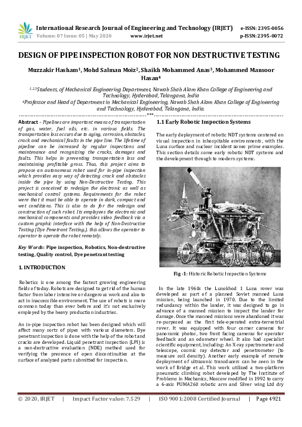 (PDF) IRJET- DESIGN OF PIPE INSPECTION ROBOT FOR NON DESTRUCTIVE TESTING