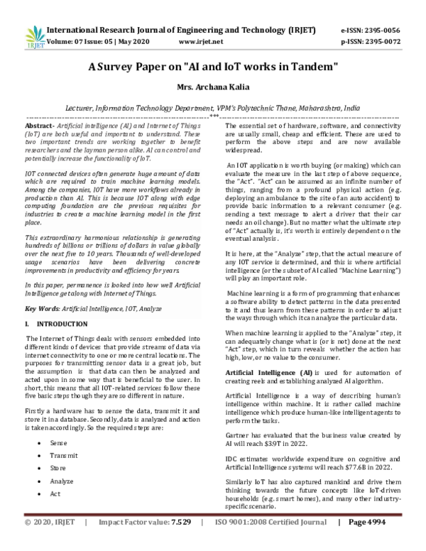 (PDF) IRJET- A Survey Paper on "AI and IoT works in Tandem"